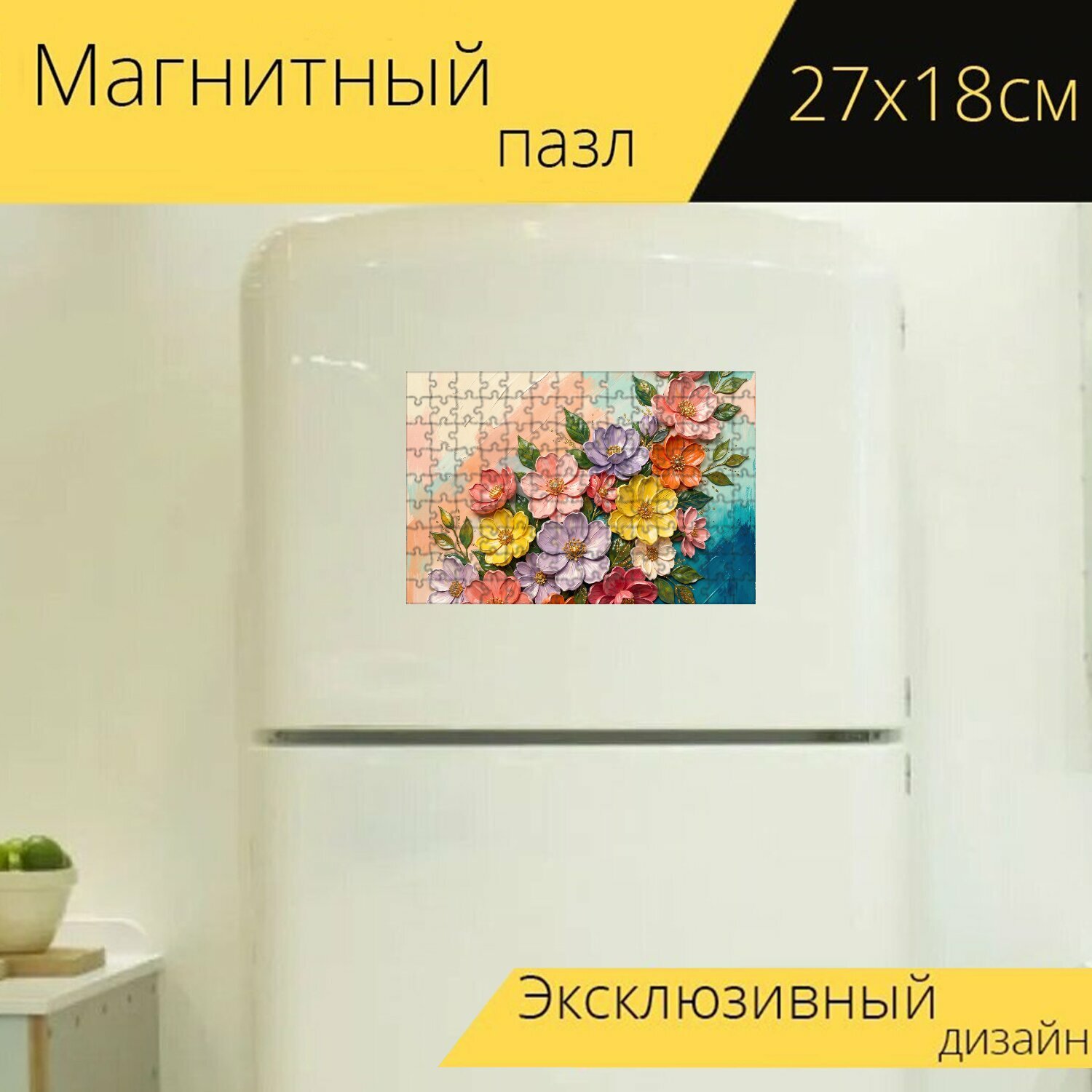 Магнитный пазл "Объемный букет весенних цветов. Фактурная декоративная композиция с крупными лепестками и зелеными листьями на абстрактном пастельном." на холодильник 27 x 18 см.