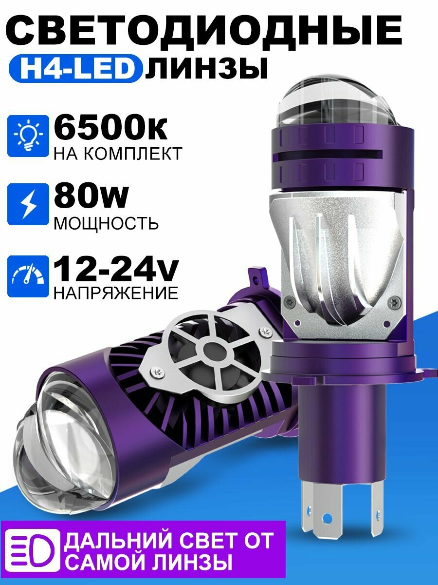 Мини линзы светодиодные H4, лампы с линзой H4, лед лампы h4 2 шт.