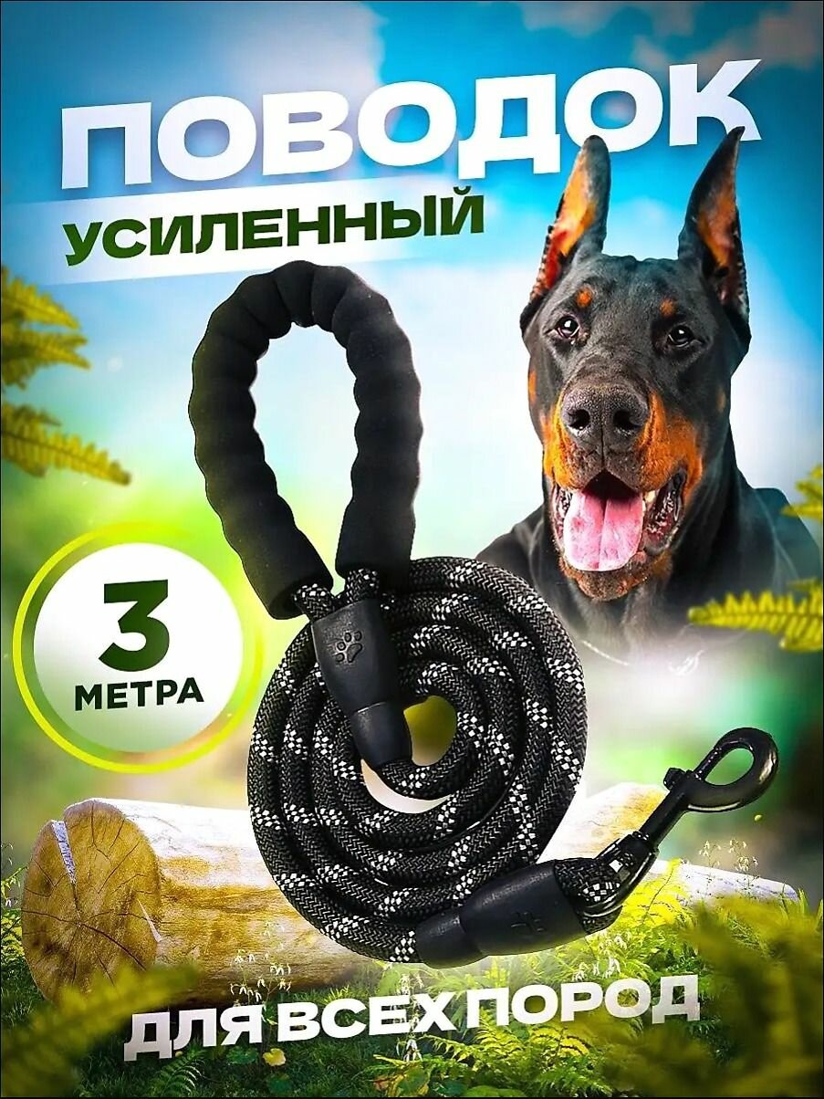 Поводок PETFORT, для собак, капрон, светоотражающие элементы, 3м