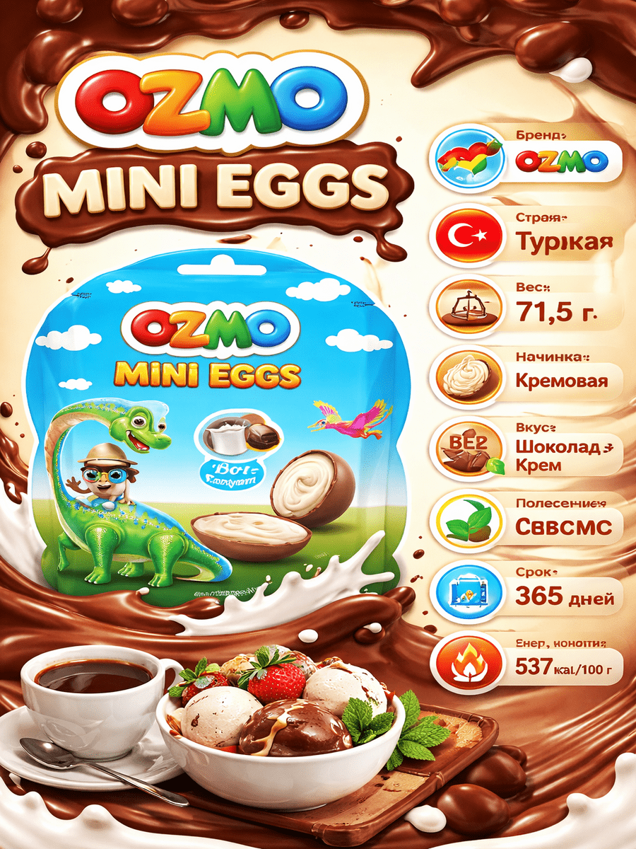 Шоколадные яйца Ozmo mini eggs с начинкой молочный крем, 71.5г