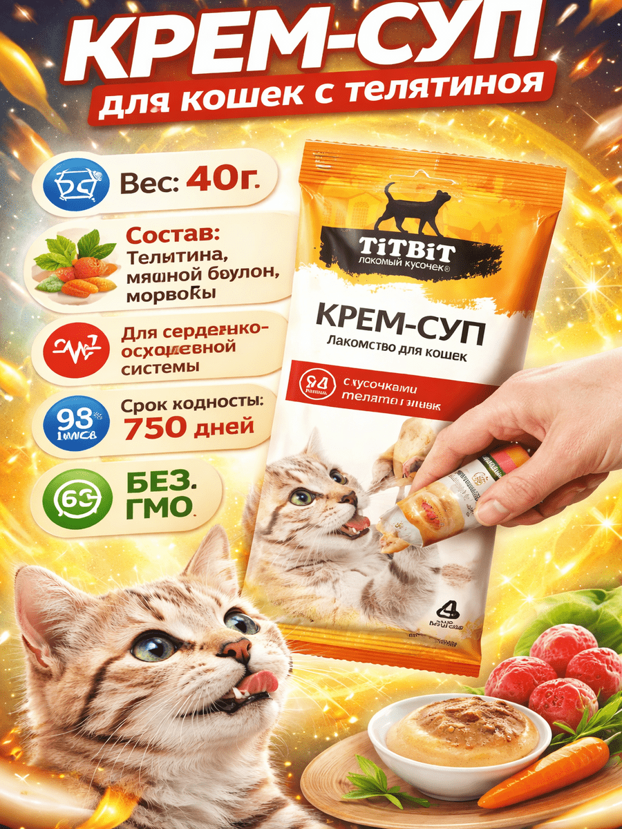 Крем-суп Titbit для кошек с кусочками телятины (10г x 4шт), 40г