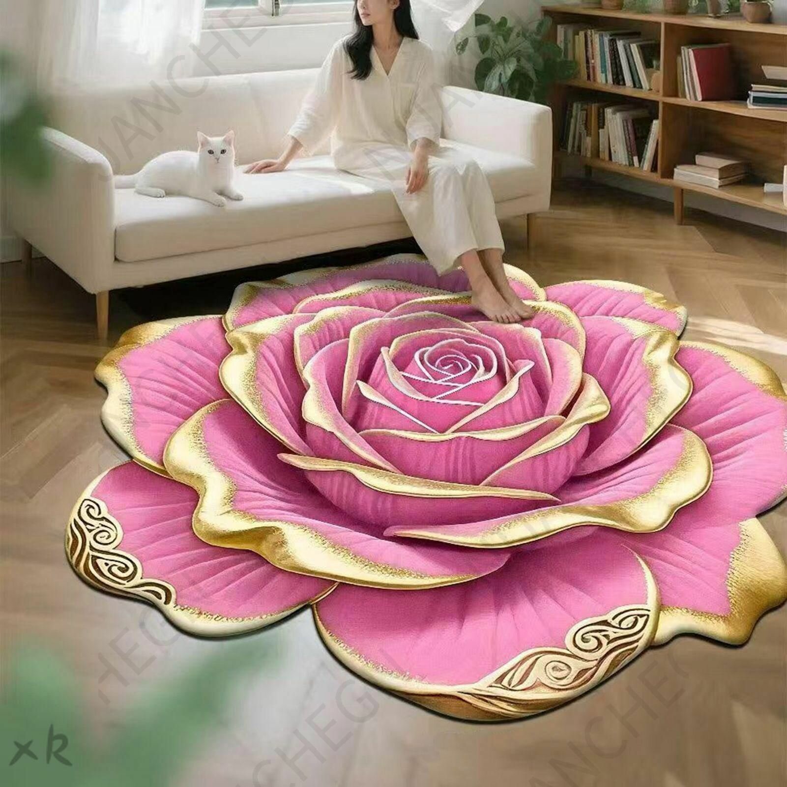 Ковёр-дорожка роза 120x120 см, роскошный дизайн с золотым обрамлением, для дома