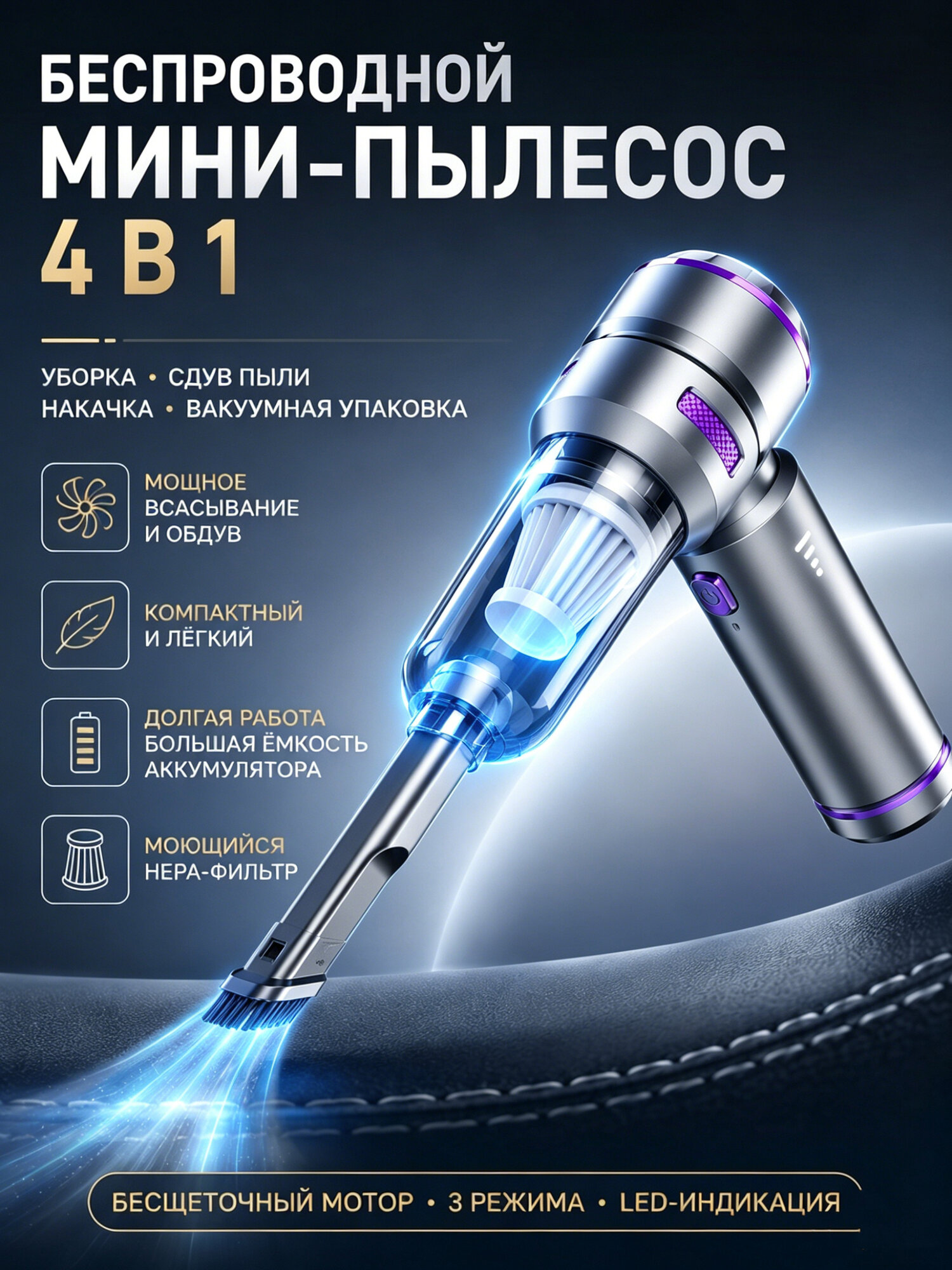Мини-пылесос беспроводной 4в1 для дома и авто, с обдувом и вакуумом
