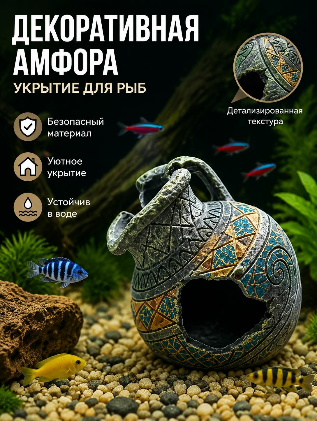Грот для аквариума Разбитая ваза, керамическая декорация-укрытие для рыб, 130x115x120 мм, темно-серый керамический грот аквариумный декор укрытие для аквариумных рыб разбитая ваза