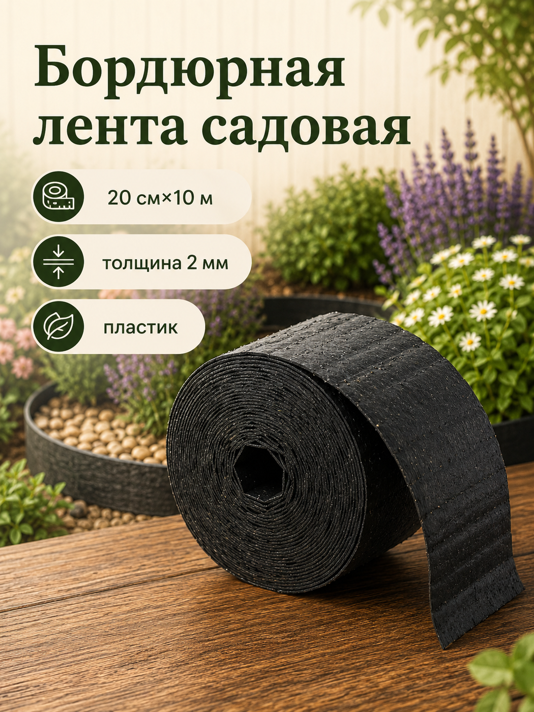 Лента бордюрная, 20 см×10 м, толщина 2 мм, пластиковая, садовая, цвет серый гранит