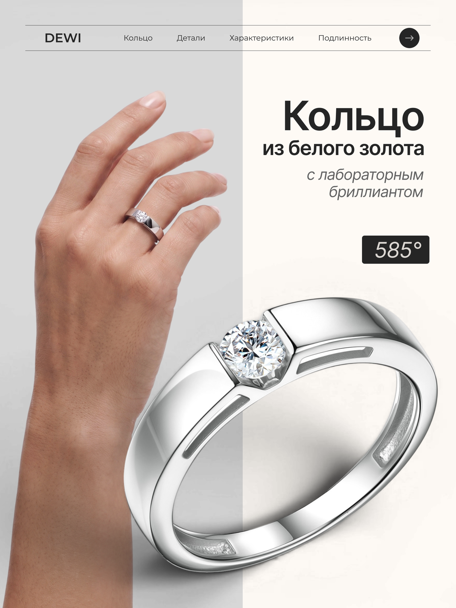 Кольцо, белое золото, 585 проба, бриллиант выращенный