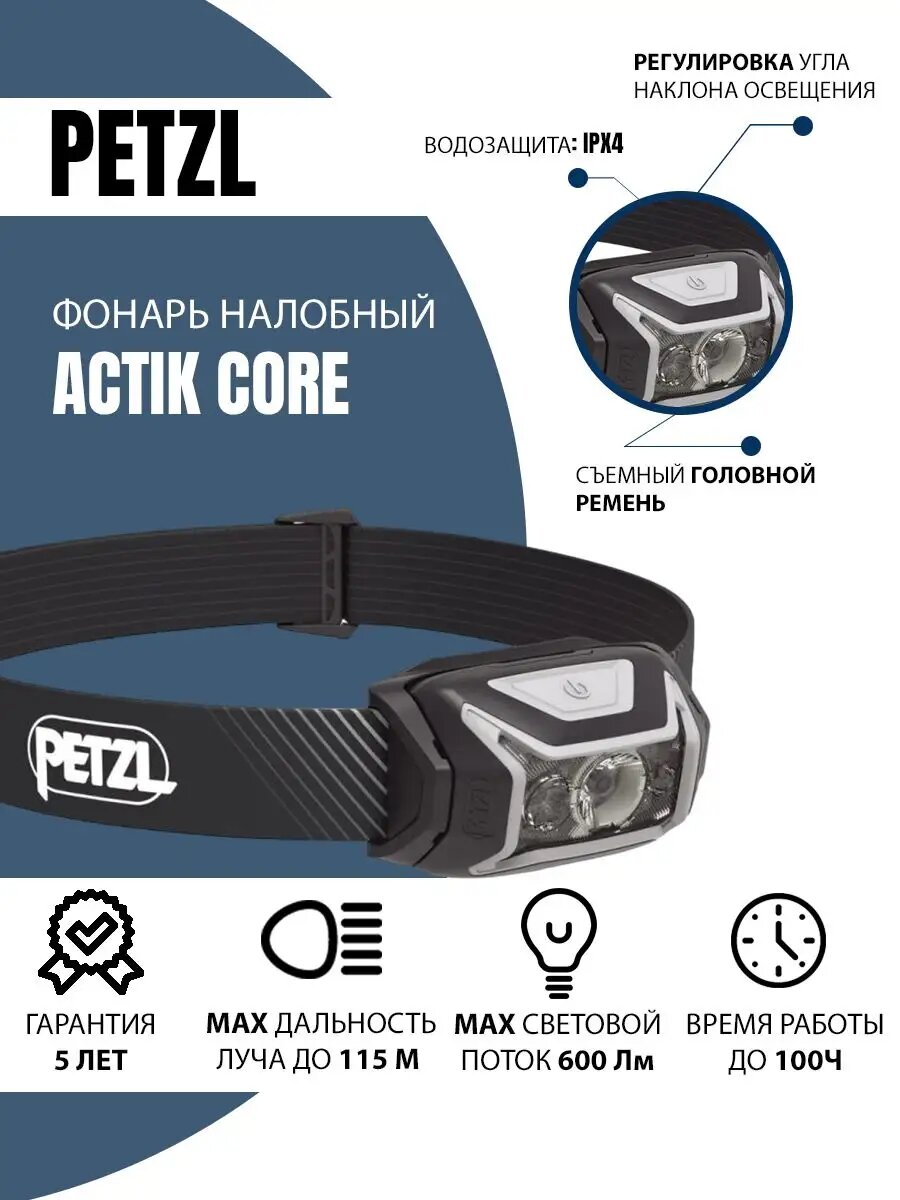 Фонарь налобный аккумуляторный светодиодный Petzl Actik Core, серый, 600 лм, аккумулятор, E065AA00