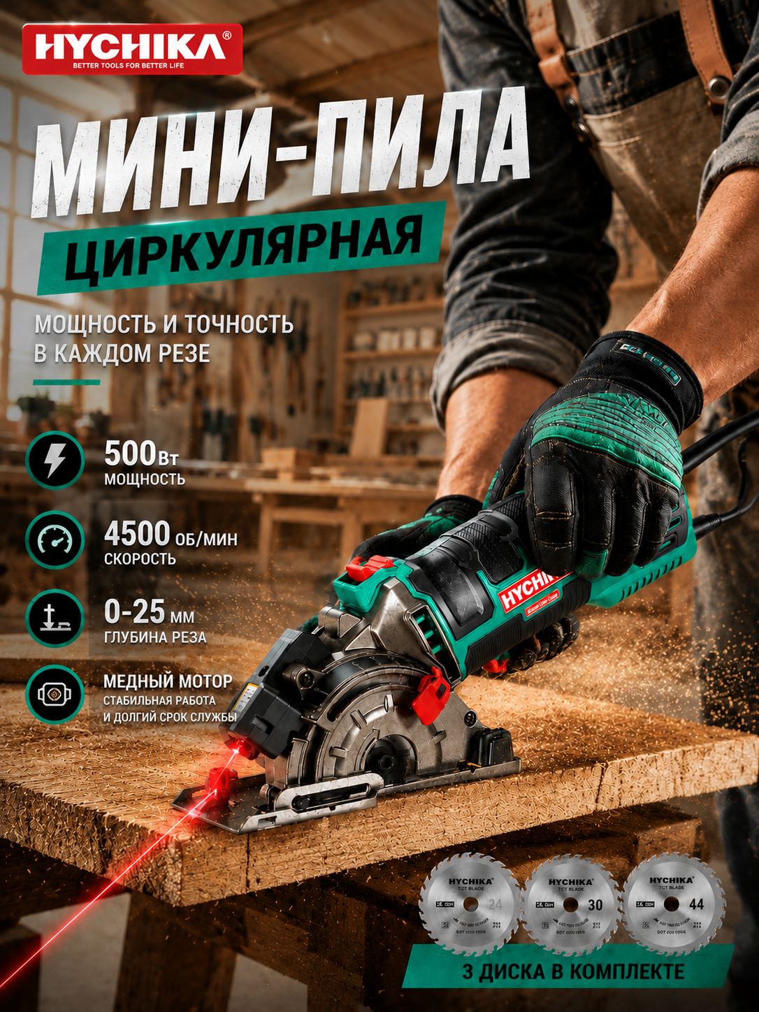 Электрическая циркулярная пила HYCHIKA 500 Вт, 4500 об/мин, диск 85 мм