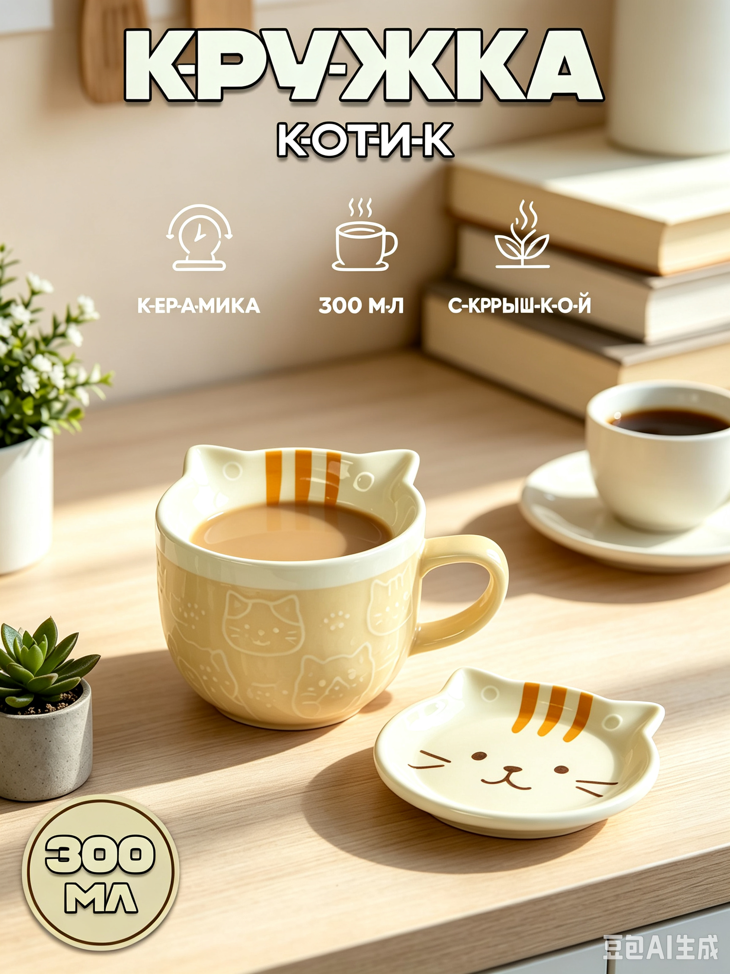 Кружка керамическая с крышкой, в виде кота, кремовая, 300 мл, для чая и кофе, 1 шт
