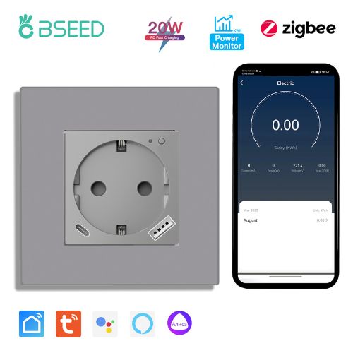 Розетка с USB и Type-C 20W быстрой зарядкой, с мониторинг потребления , Zigbee, управление с Алисой, пластиковые рамки