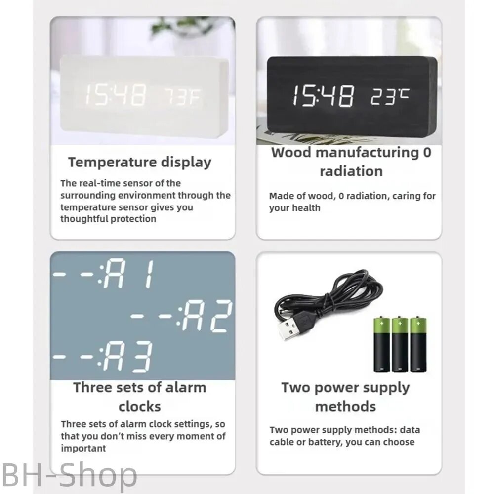 Настольные часы BH-Shop, электронные, с будильником, деревянный корпус, бежевый, 18:00 22°C — фото 1