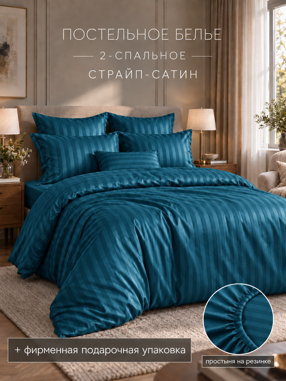 Постельное белье 2 спальное с простыней на резинке страйп сатин, двуспальный комплект белья на резинке, хлопок