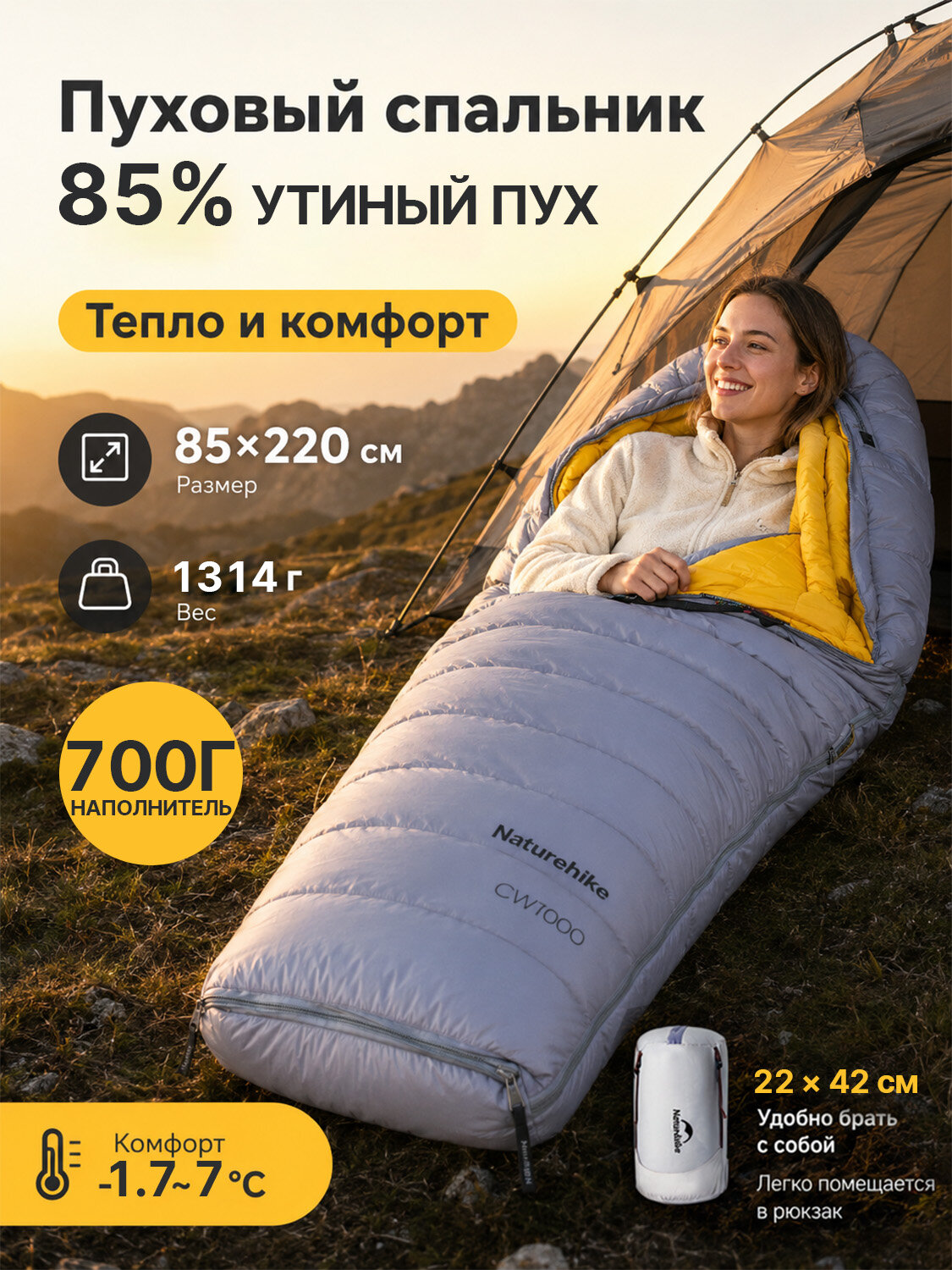 Спальный мешок пуховый Naturehike с капюшоном, дутый утиный пух 700 г, 650 fill power, сверхлёгкий 1,31 кг, 220х85 см, для зимних походов и кемпинга, тёмный
