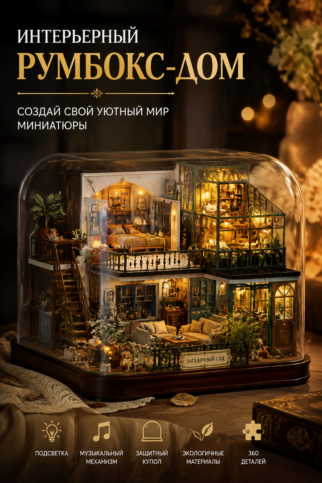 Интерьерный румбокс-дом 1/24 с подсветкой, музыкальным механизмом и защитным куполом