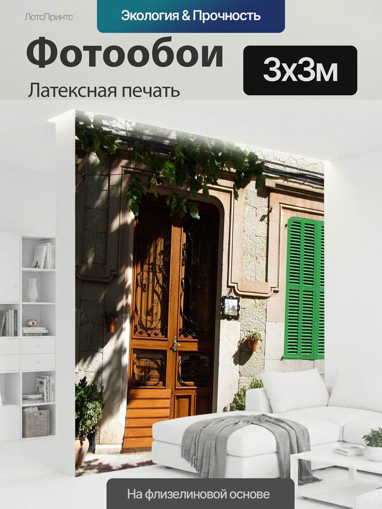 Фотообои моющиеся ударопрочные "Вход коричневая дверь с зелеными ставнями спереди двери жалюзи растения зеленые коричневые сетка Майорка" 300x300 см. латексная печать