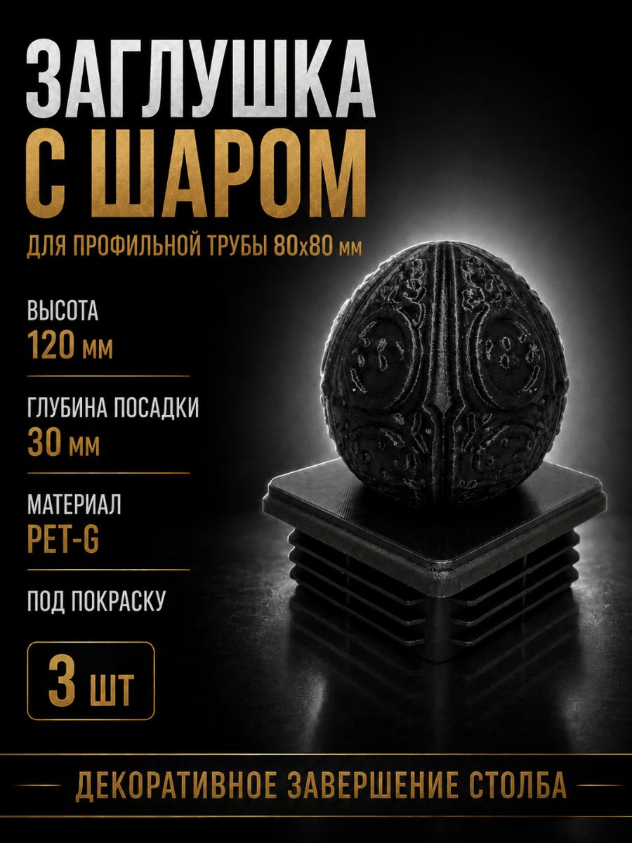 ZZ810/3 Заглушка декоративная с шаром для профильной трубы 80x80 мм, черная, 3 шт.