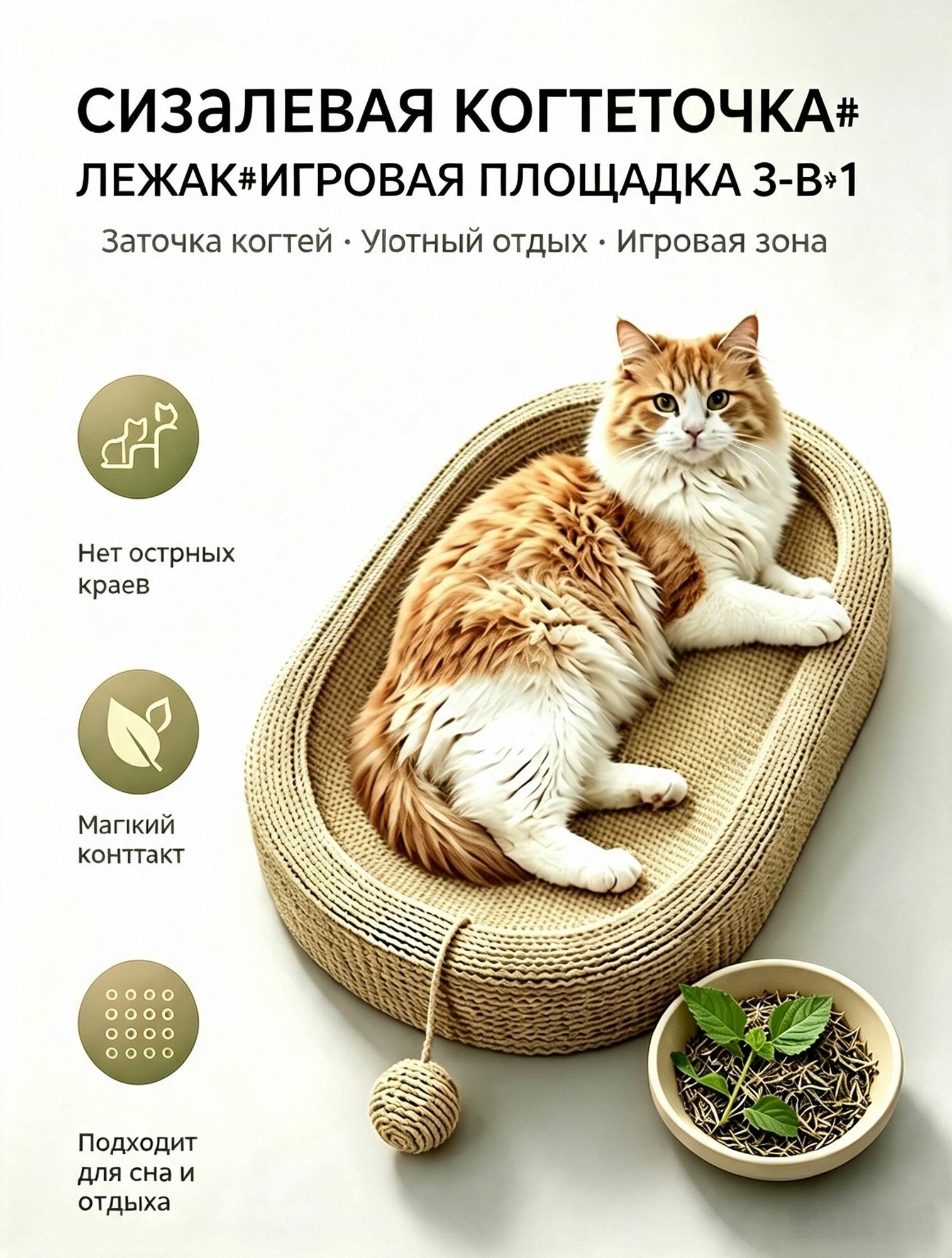 Когтеточкалежанка для кошек из натурального сизаля , прочная не крошится, с игрушкойшаром и кошачьей мятой 50*33CM