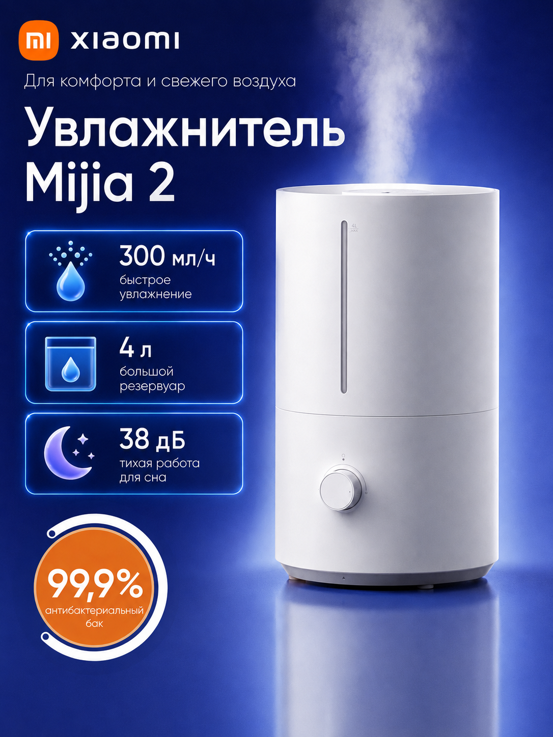 Увлажнитель воздуха Xiaomi Mijia Humidifier 2 White,4 л, 300 мл/ч, верхний залив воды, CN