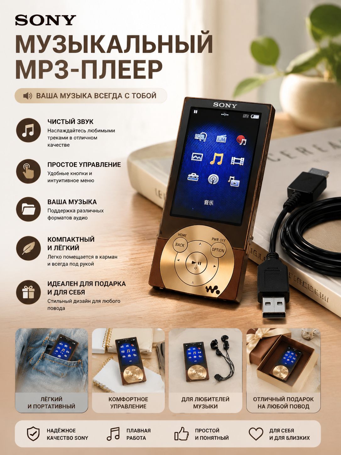 Sony MP3-плеер 32 ГБ, медь, золотой
