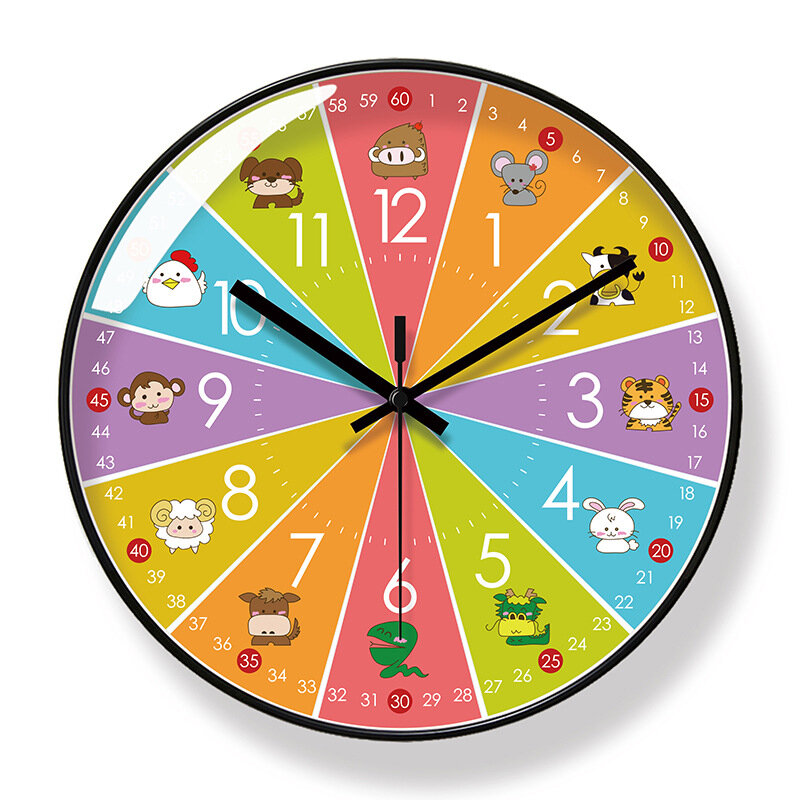 Красочные детские настенные часы | 12-дюймовые бесшумные кварцевые часы без тиканья | Забавные животные и цифры | Обучающие часы для дома, класса, детской | Работают от батареек
