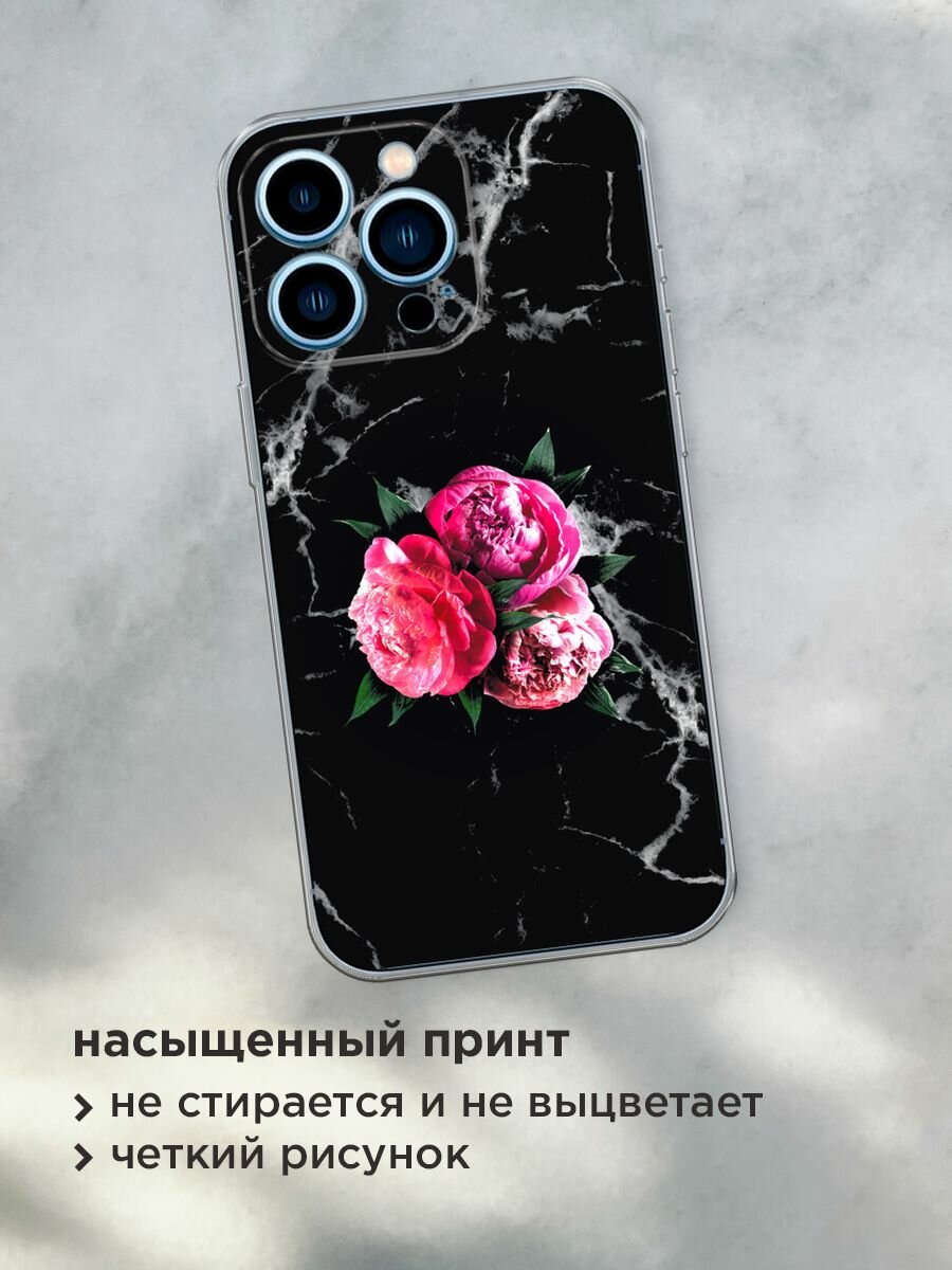 Чехол на Apple iPhone 13 Pro / Айфон 13 Про с принтом "Букет на черном мраморе" — фото 1