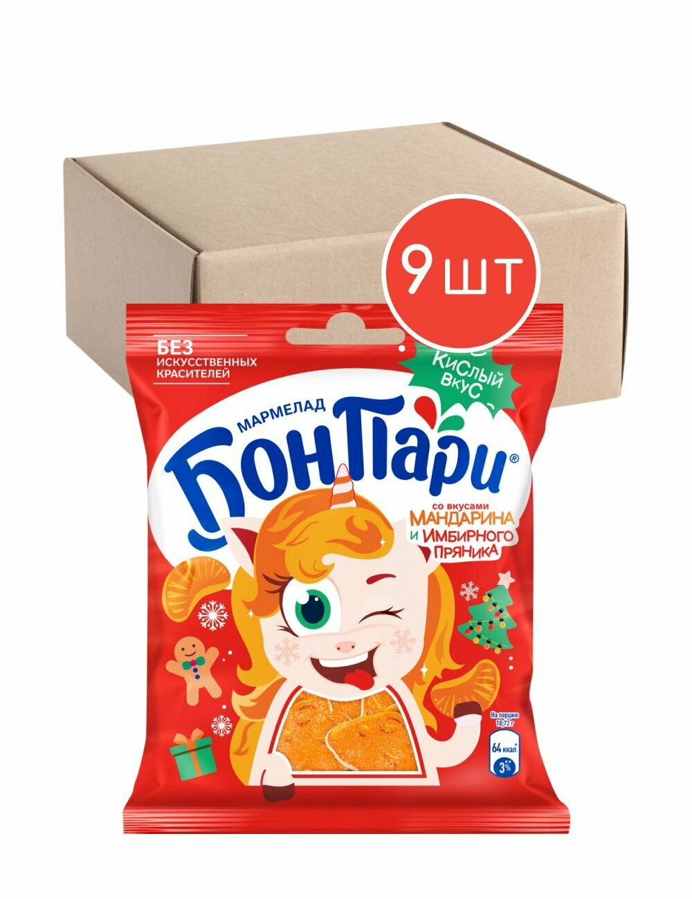 Жевательный мармелад Бон Пари Новогодний микс, мандарин-имбирный пряник 100г 9шт