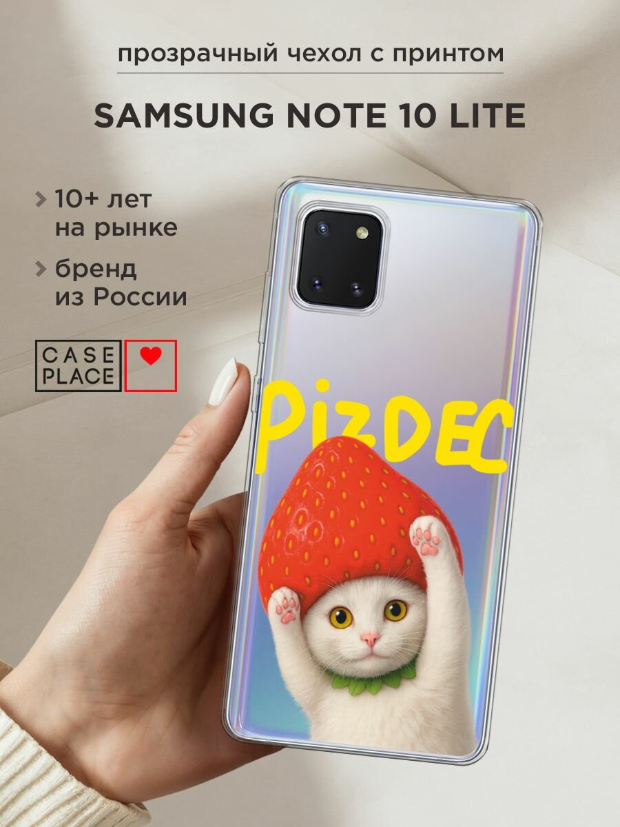 Чехол на Samsung Galaxy Note 10 Lite / Самсунг Гэлакси Нот 10 Лайт с принтом "Котик с надписью", прозрачный