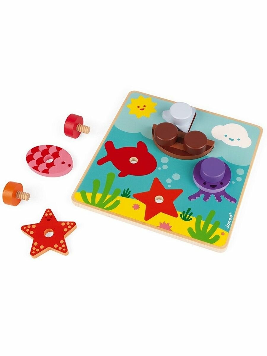 JANOD Сортер Океан Учусь закручивать деревянная развивающая игрушка с шурупами для детей от 3 лет