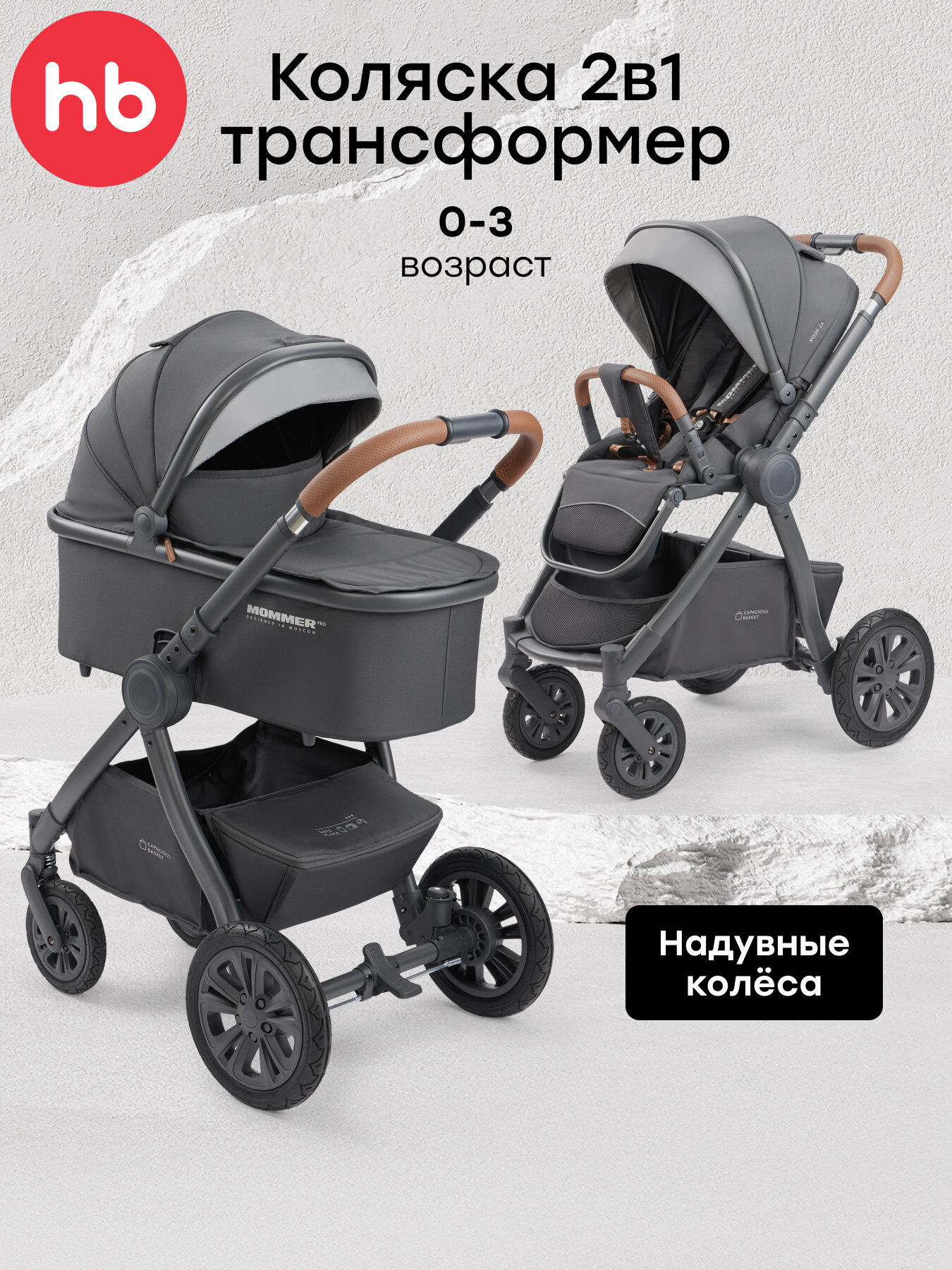 Коляска для новорожденных трансформер Happy Baby MOMMER PRO NOVA 2 блока, с матрасик, 2в1, реверсивный блок, темно-серая
