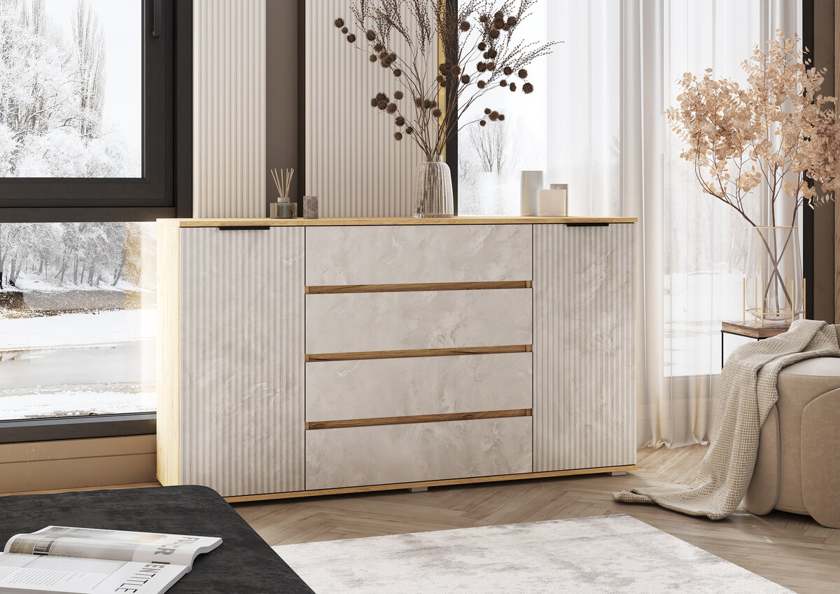 Марвэл Комод 2 двери 4 ящика с полками, в цвете Мальта, Дуб Крафт