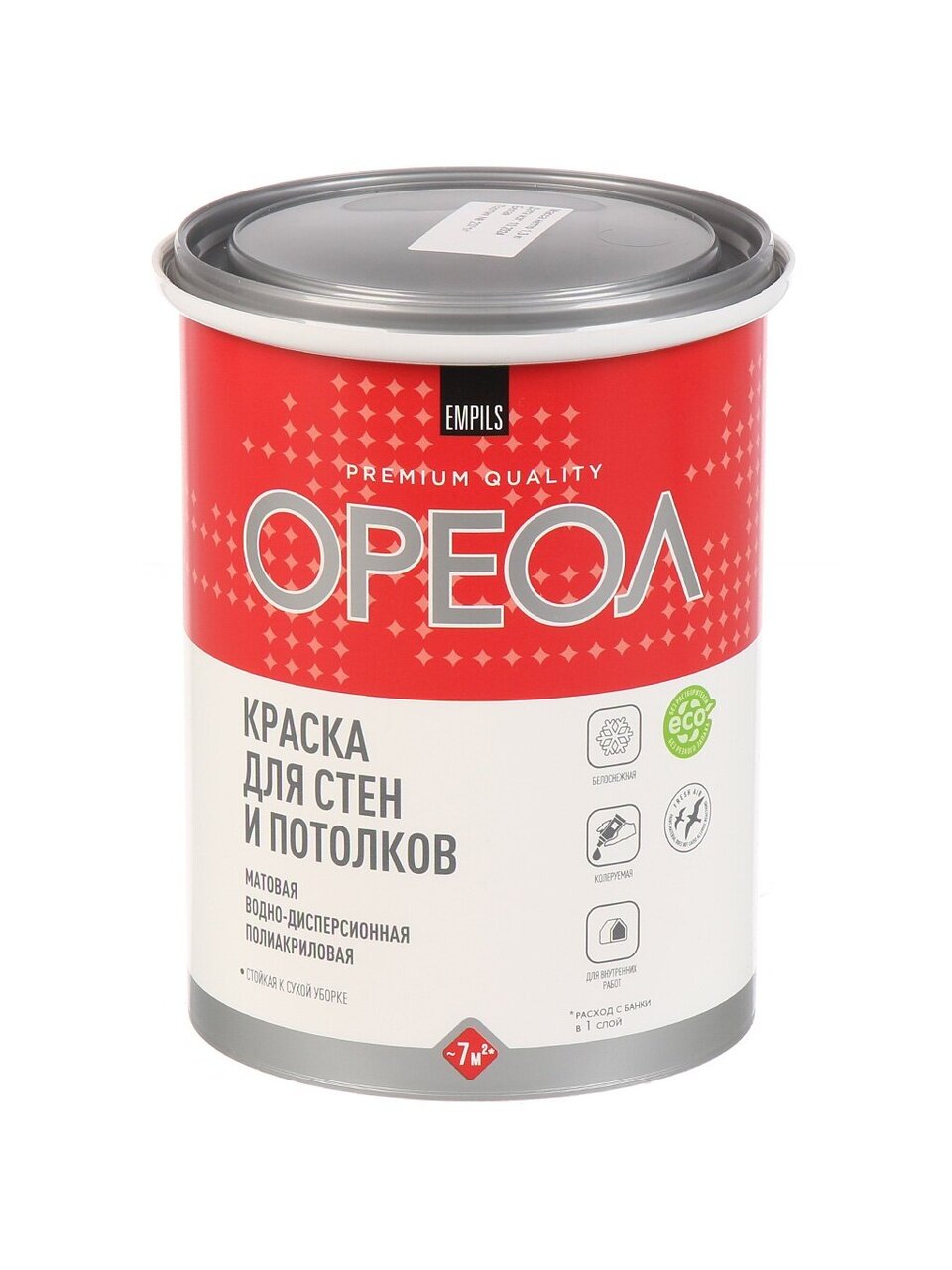 Краска воднодисперсионная, Ореол, полиакриловая, интерьерная, матовая, белоснежная, 1.3 кг