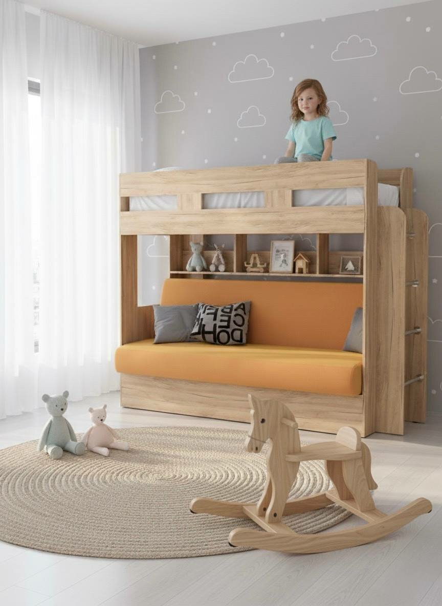 Кровать двухъярусная с диваном DobroMeb, двухместная ЛДСП, Цвет дуб крафт золотой