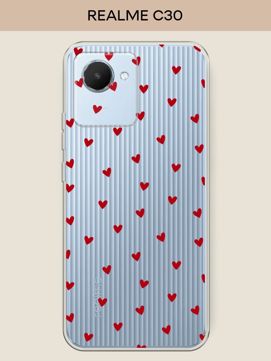 Чехол на Realme C30 / Реалми C30 с принтом "Red hearts", прозрачный