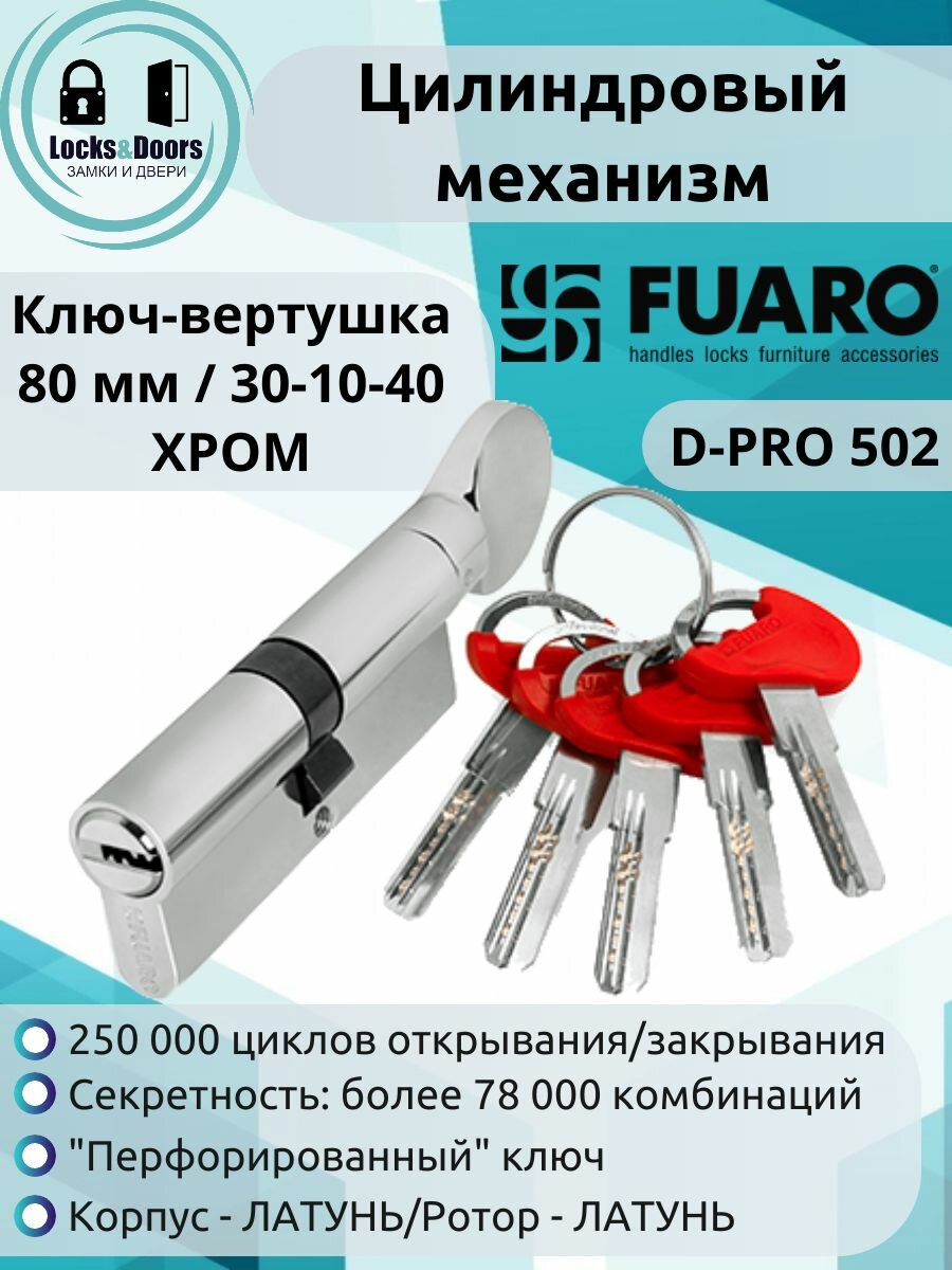 Цилиндровый механизм (личинка замка) Fuaro (Фуаро) D-PRO502/80 mm (30+10+40) CP хром