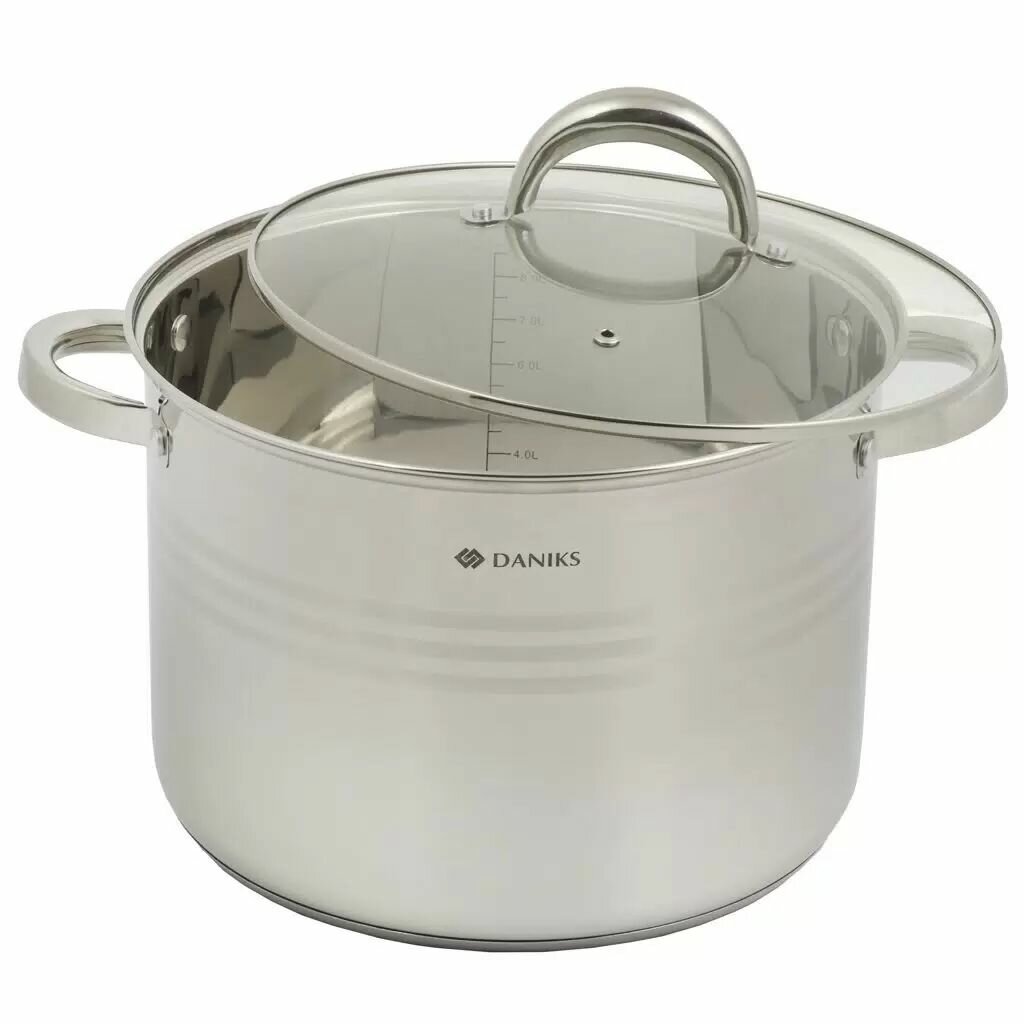 Кастрюля DANIKS из нержавеющей стали, 10 л, крышка стеклянная, Общепит, индукционная