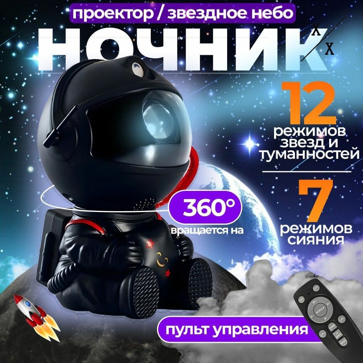 Эксклюзивный проектор звездного неба Космонавт в черном корпусе с ПДУ, светодиодный лазерный ночник Астронавт и робот, 8 режимов подсветки
