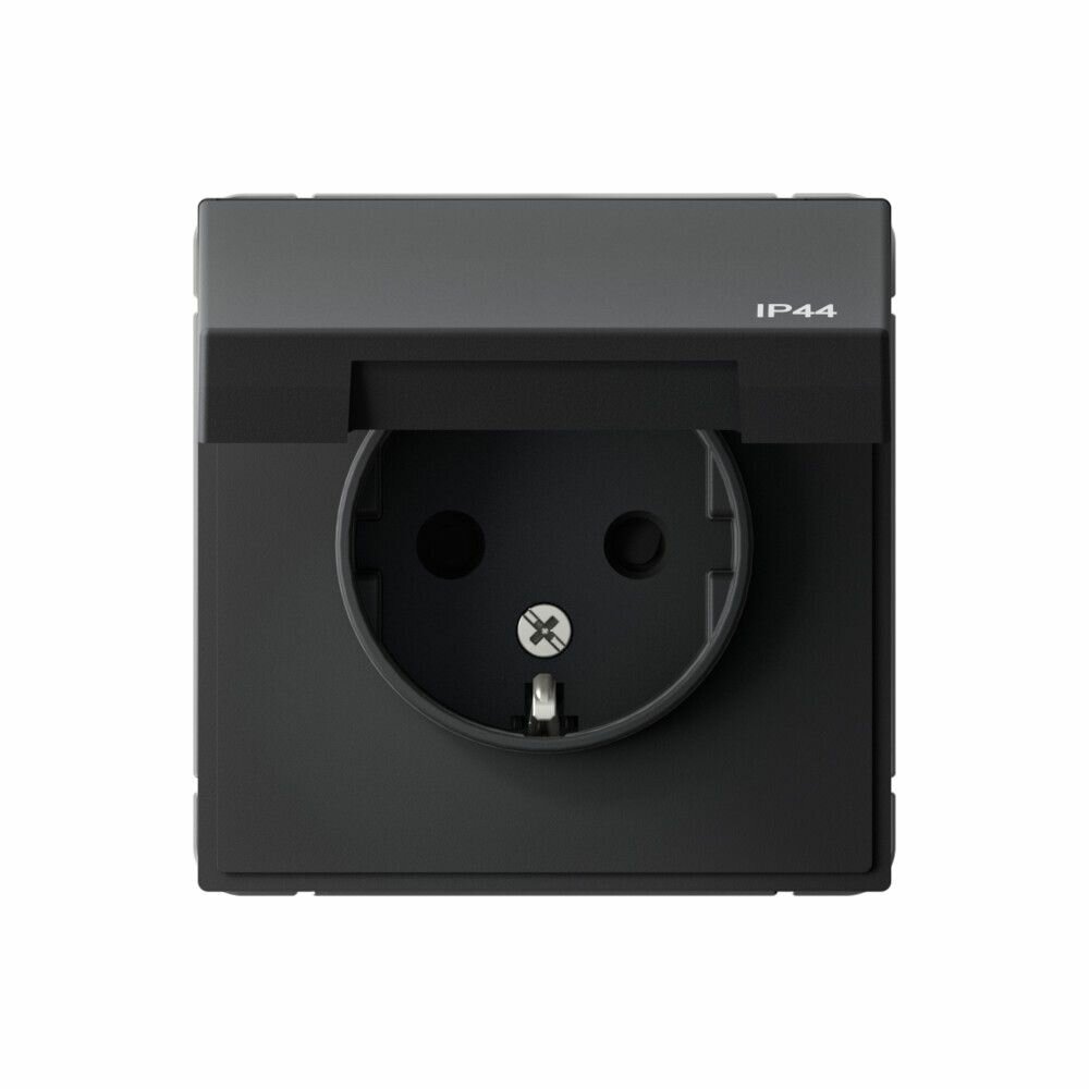 Розетка Systeme Electric с заземлением со шторкой с крышкой, 16А, IP44, механизм, карбон, Artgallery