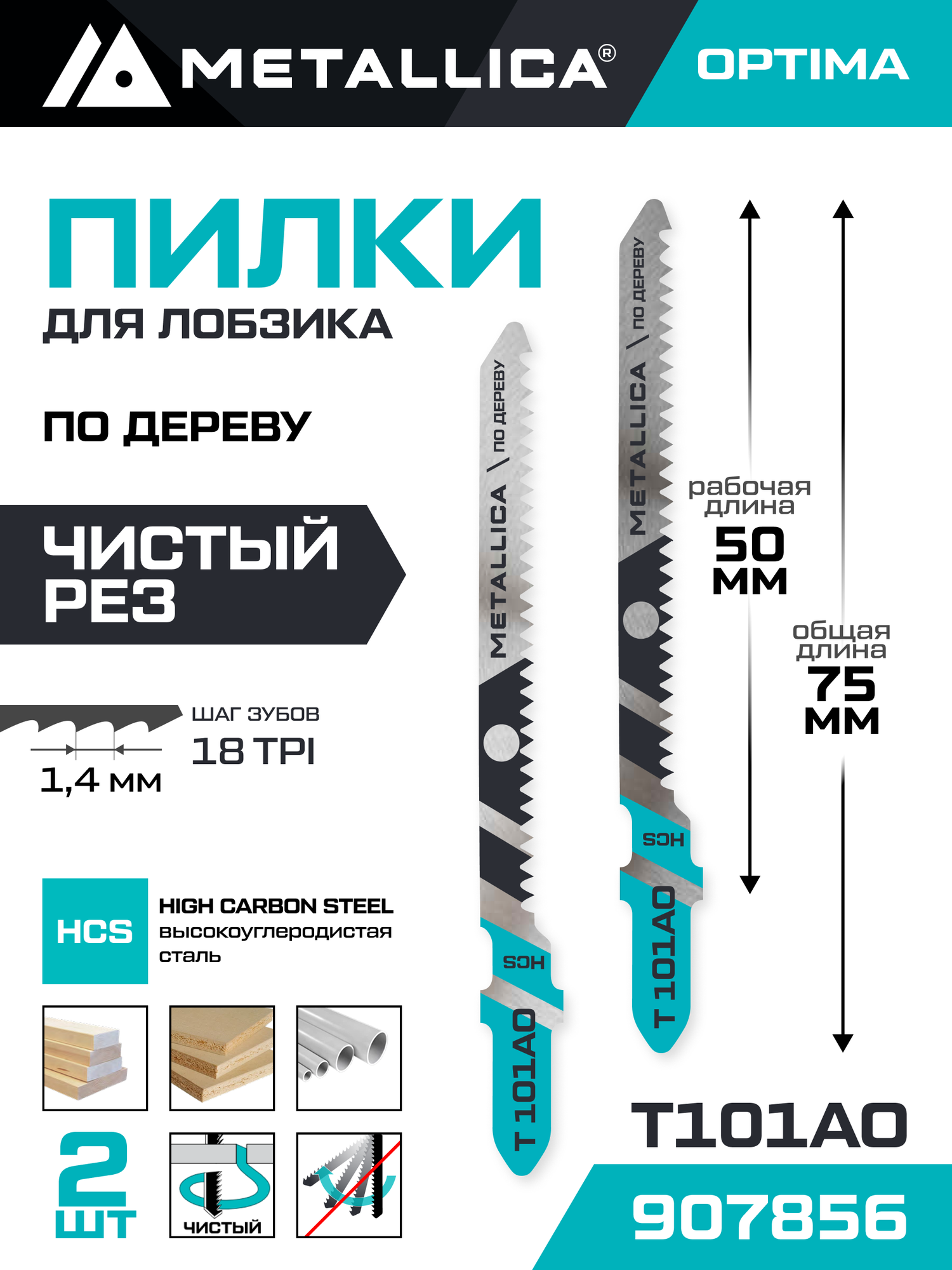 Пилки для лобзика METALLICA T101AO по дереву, 75/50 мм, HCS, криволинейный чистый рез (2 шт.)