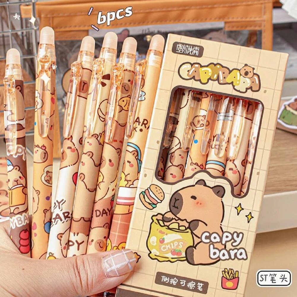 Набор Из 6 Милых Гелевых Ручек «Капибара», Офисные И Школьные Принадлежности, Синие Чернила, Удаляемые От Пятен