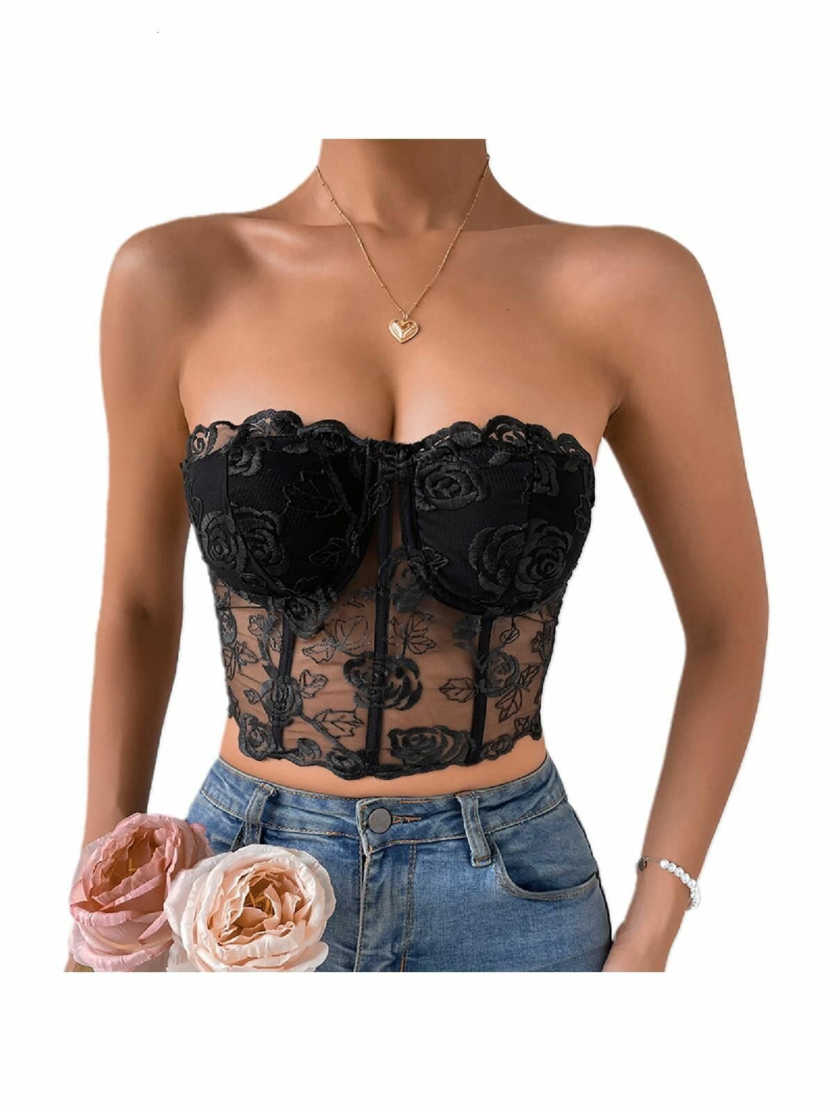 Сексуальный кружевной бюстье без бретелей, Черный - S