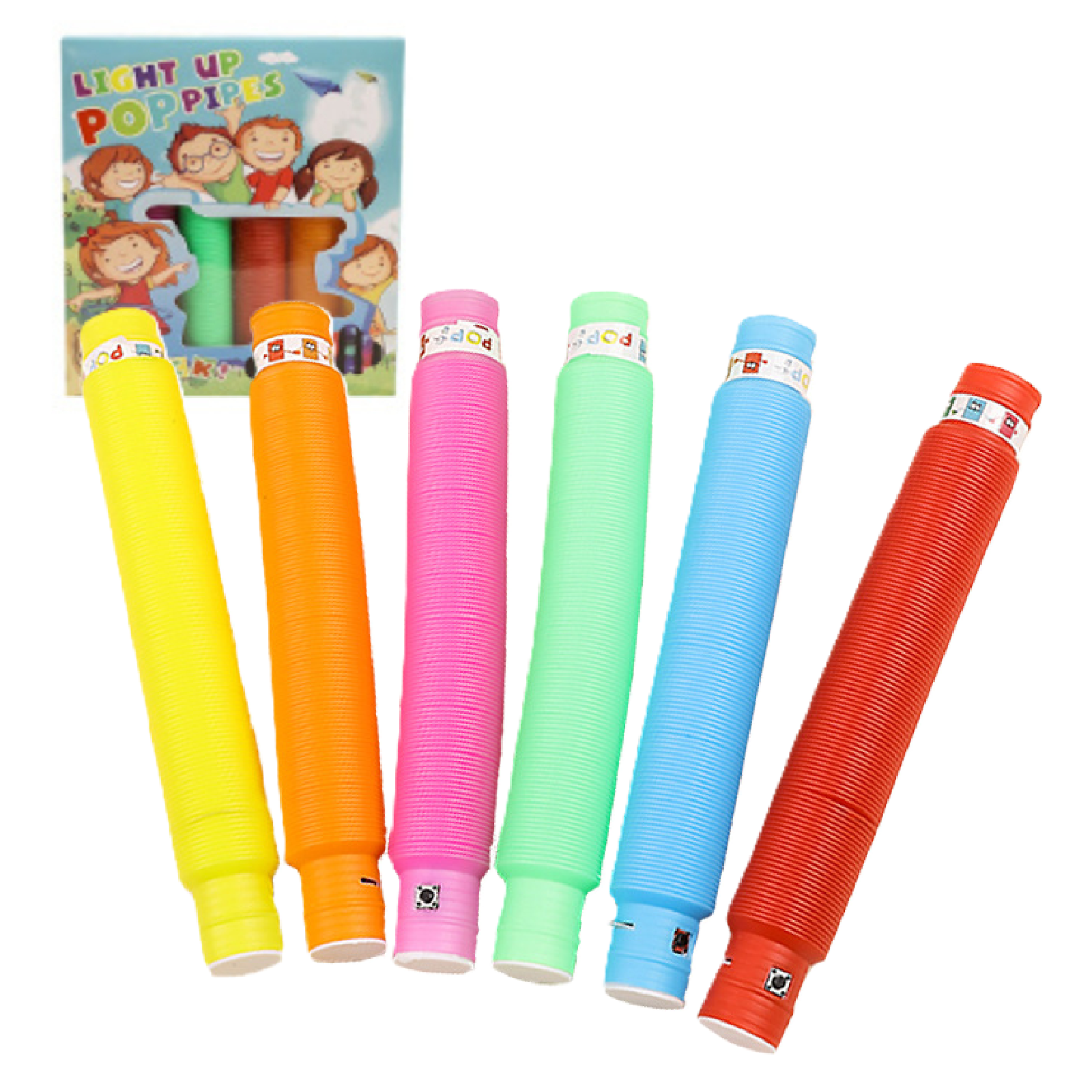 Игрушка для расслабления Pop tube сным свечением телескопической трубки выхлопа LED, 6-типаковка, смешанные цвета, трехуровневые режимы освещения, пластик и электронные компоненты, упаковка 18*20*3см, размеры 19*2см, нерастянутая длина 19см, растянутая