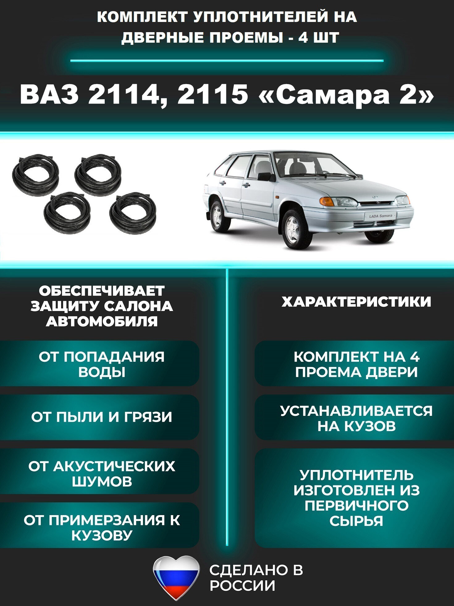 Комплект уплотнителей проема дверей для ВАЗ 2114, 2115, Лада Самара 2 на 4 двери