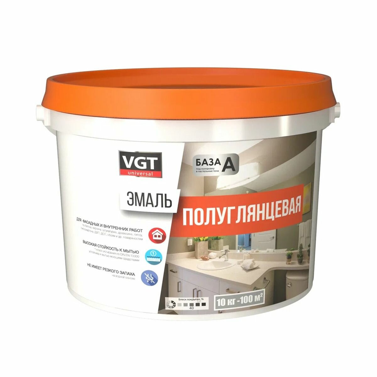 Эмаль акриловая VGT ВД-АК-1179, универсальная, полуглянцевая, база А, супербелая, 1 кг