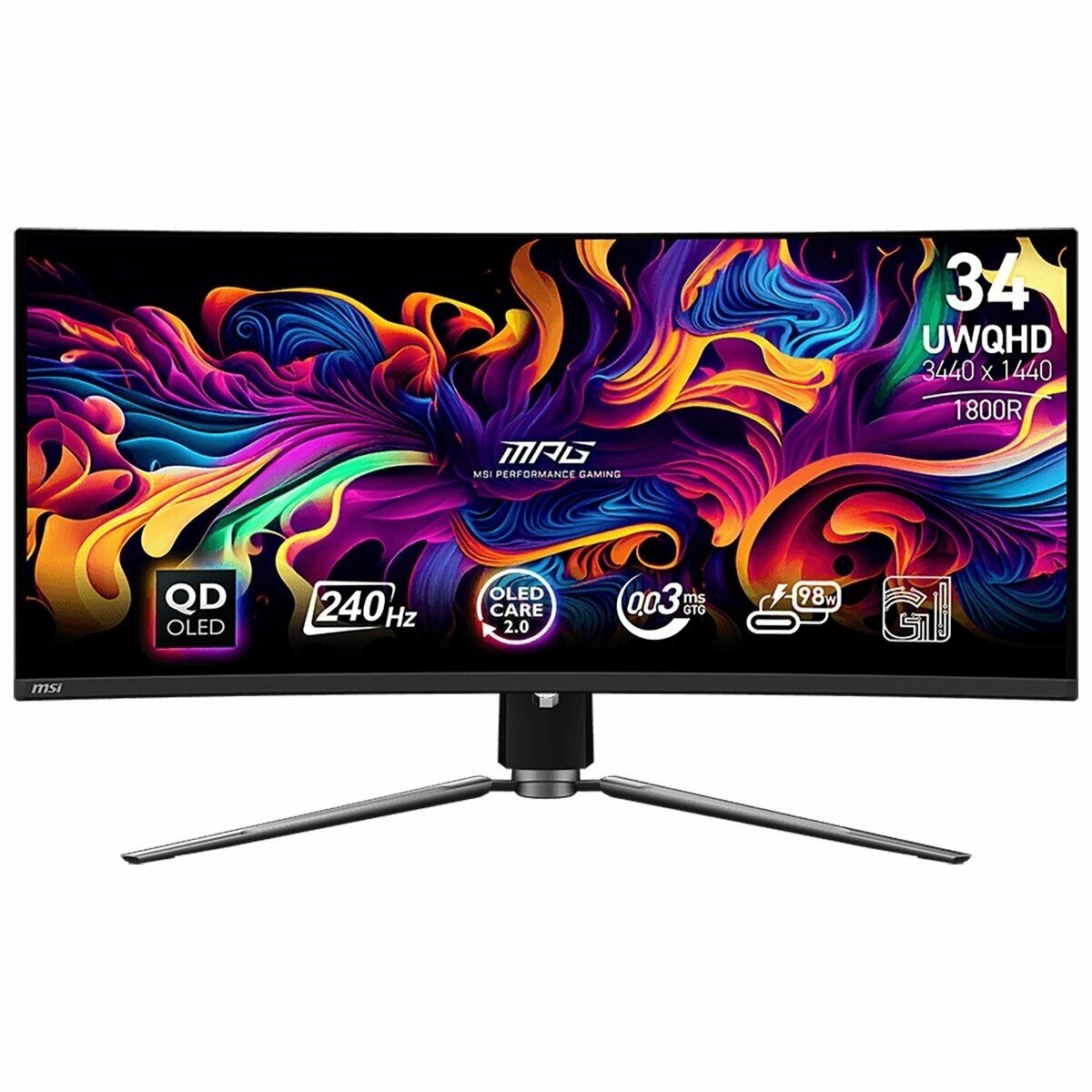 Монитор 34\ MSI MPG 341CQPX QD OLED 3440x1440, 240 Гц, 0.03 мс, 21:9, 250 кд/м², 2xHDMI, 1xDP, 2xUSB-A 2.0, 1xUSB-C, 1x3.5 мм, изогнутый R1800, черный