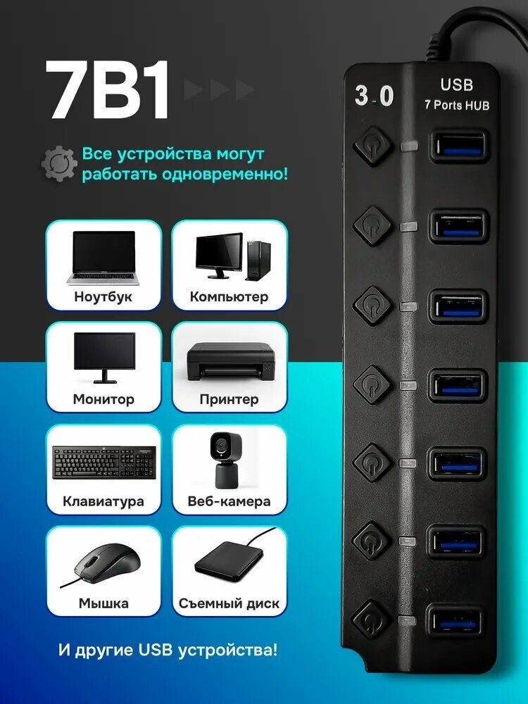 7-портовый концентратор USB3.0, кабель от одного до семи, концентратор, высокоскоростной удлинитель для ноутбука с четырьмя портами