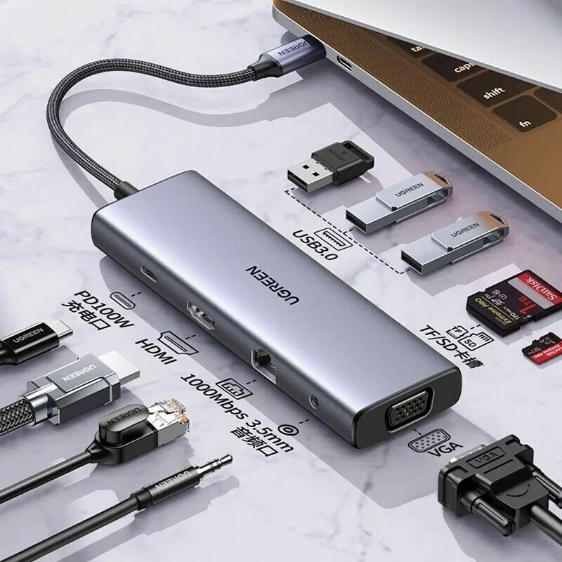 USB-Концентратор UGREEN 10-in-1 (25043), 4K(60HZ) HDMI, VGA, RJ45, USB 3.0, 3.5mm, PD 100W Hub