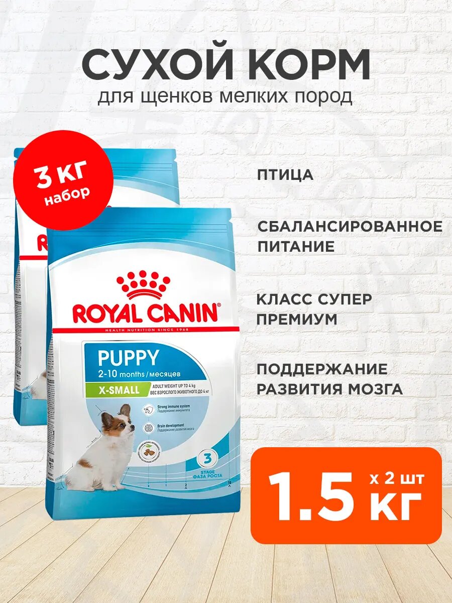 Корм сухой Royal Canin X-Small Puppy для щенков маленьких пород, 1,5 кг х 2 шт