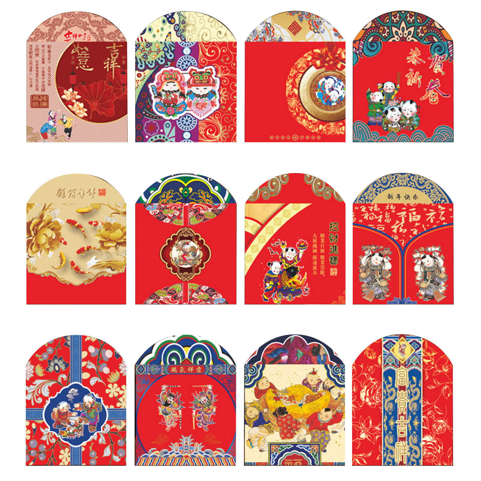 12 штук Китайские красные конверты Лай Сы/Хонг Бао на китайский Новый год Быка, сумки для счастливого денег, пакеты для счастливого денег, Овца, Утка, благоприятные символы, различные узоры, для Нового года, свадьбы, материал 190г белая картонная бумага,