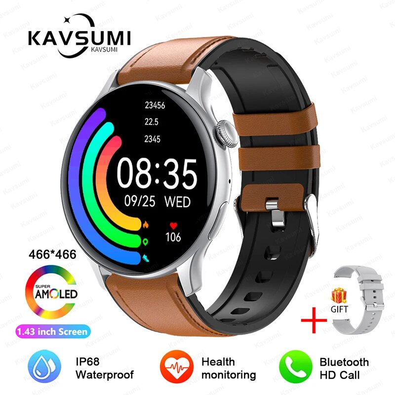Умные часы Kavsumi Silver Leather, AMOLED, NFC, IP68
