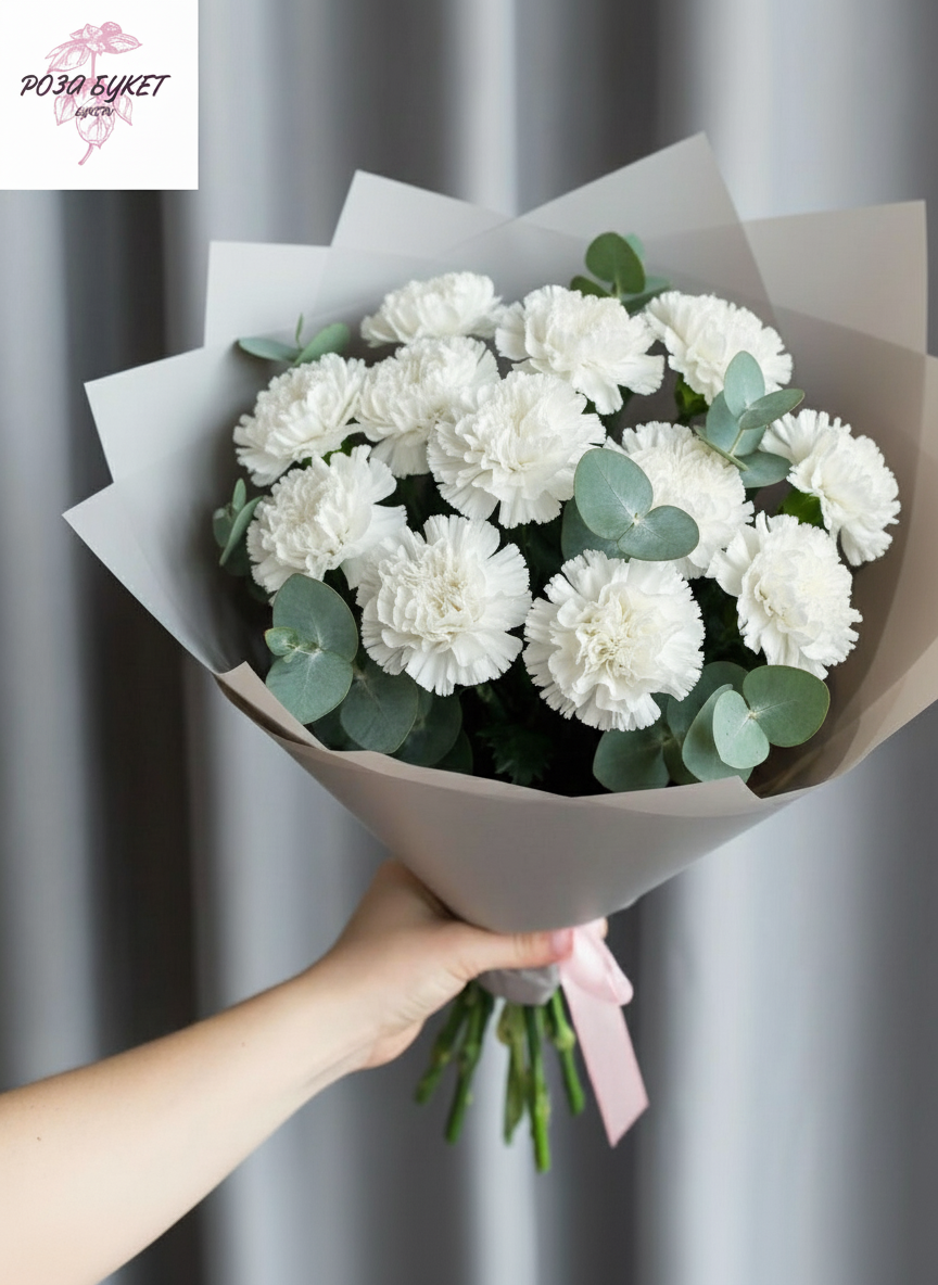 Букет цветов, Букет из 13 белых гвоздик с эвкалиптом, премиум букет, долгий букет, свежие цветы